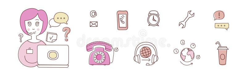 Support Service Icon and Call Center Element with Operator Vector Set ...