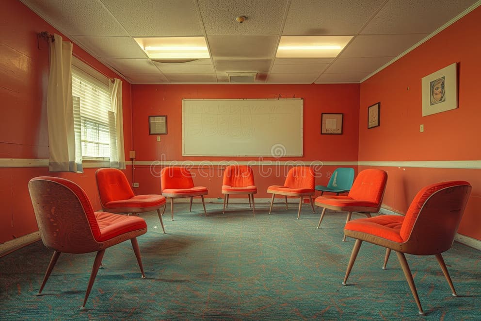 Supportive Group Therapy Session with Chairs in Circle and Whiteboard ...