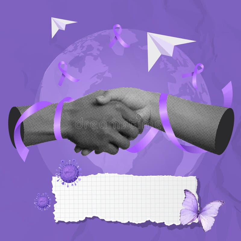 Supportive Handshake on Purple Background with Ribbons for Awareness ...