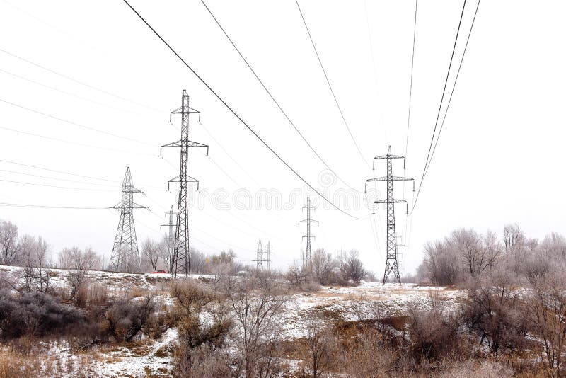 Supports High-voltage Power Lines Winter Stock Image - Image of mains ...