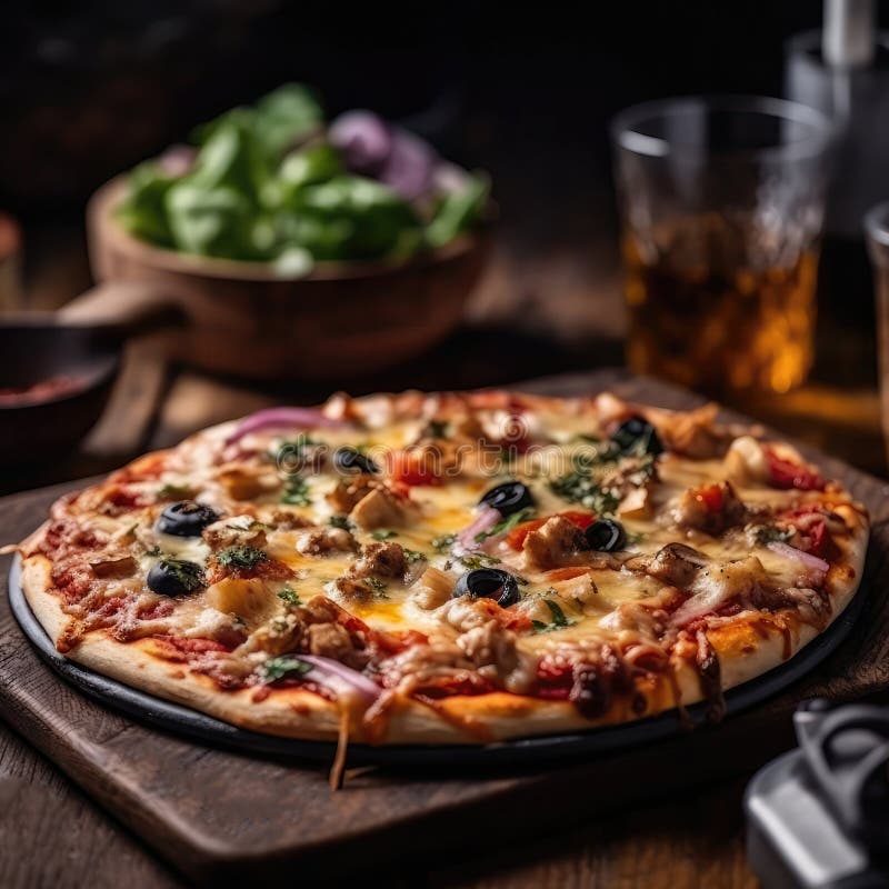 Supreme Pizza on Stone in Rustic Pub. Generative AI Stock Illustration ...