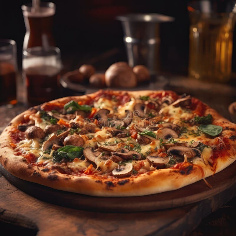 Supreme Pizza on Stone in Rustic Pub. Generative AI Stock Illustration ...