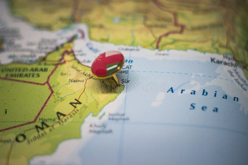 Sur Pinned on a Map with the Flag of Oman Stock Photo - Image of globe ...