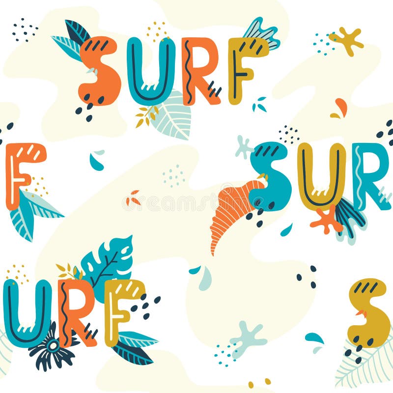 Surf Hand Drawn Vector Lettering. Doodle Floral Background and Hand ...