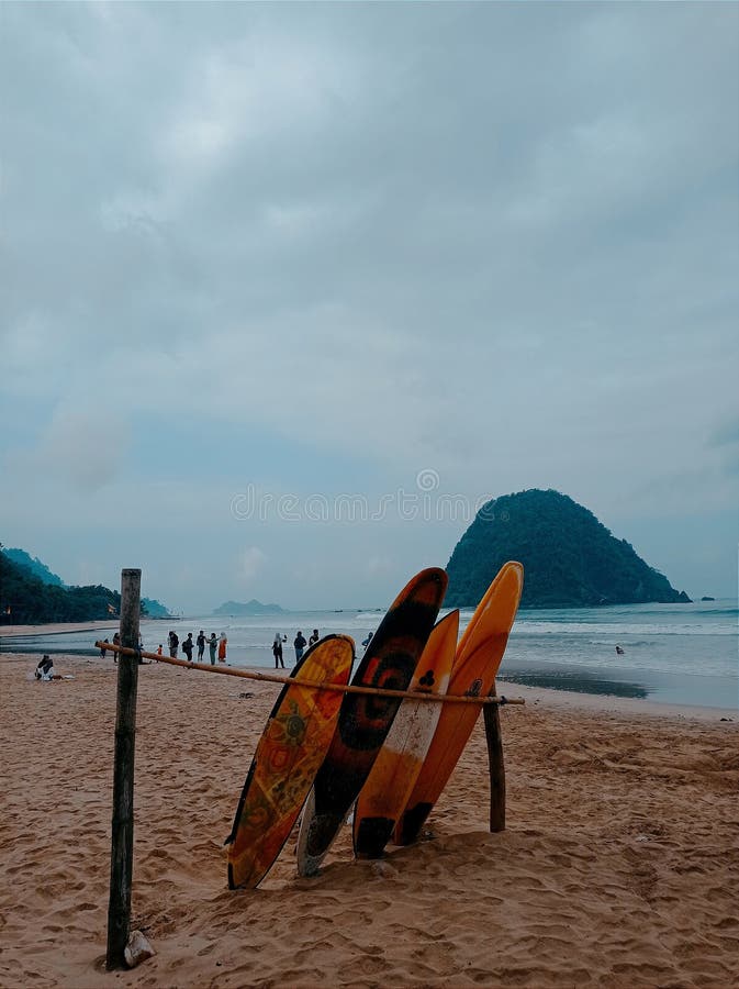 Surf Board on the Beach with Island Background Stock Image - Image of ...