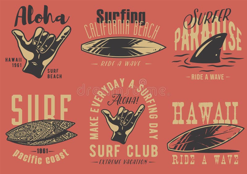 Surf Board for Surfing, Shaka Hand and Shark Logo Stock Vector ...