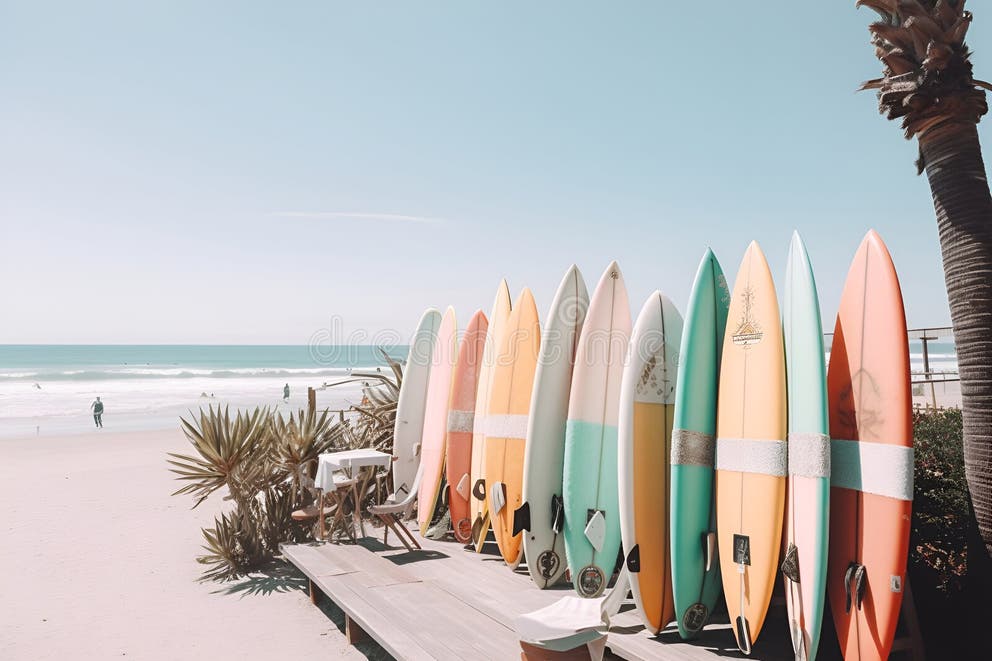 Surf Boards in Stack on Sandy Tropical Beach. Outdoors. Sunny Days. Generative AI. Stock ...