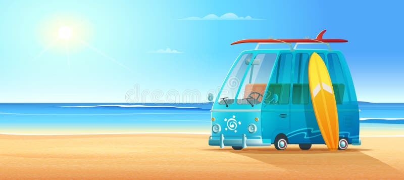 Surf Bus on the Sandy Beach. Summer Surfer Vacation Vector Cartoon ...