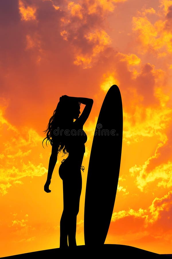 Surf Girl Silhouette at Sunset Stock Illustration - Illustration of ...