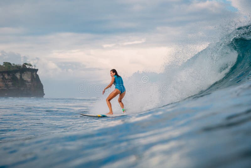 Surf Girl On Surfboard Woman In Ocean During Surfing Stock Image