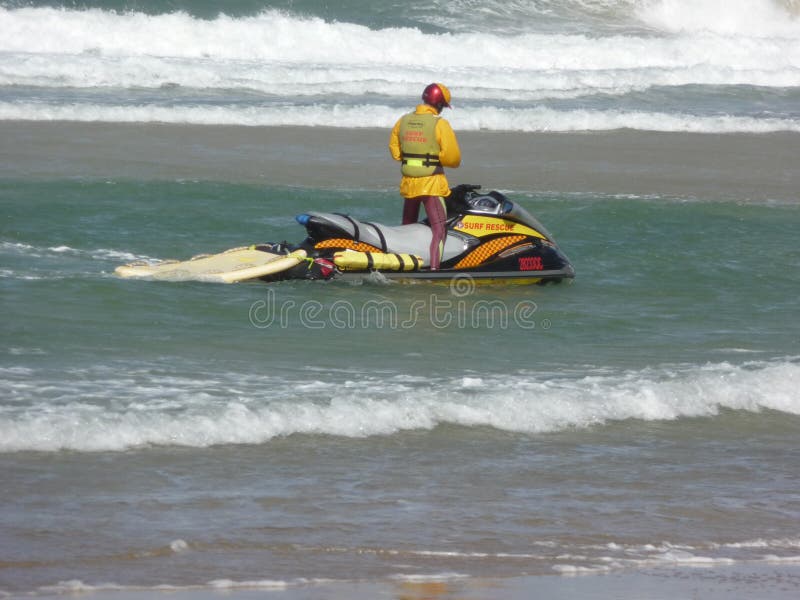 Surf Rescue Life Savers Training in Progress. Surf Rescue Boat Floating ...