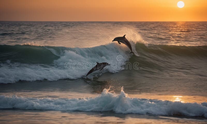 Surf S Ballet with Dolphins at Sunset Stock Photo - Image of wildlife ...