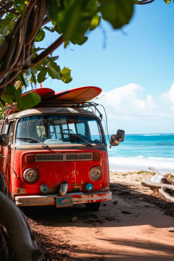 Surf S Up: Red Van Lounging by the Shore. Stock Illustration ...