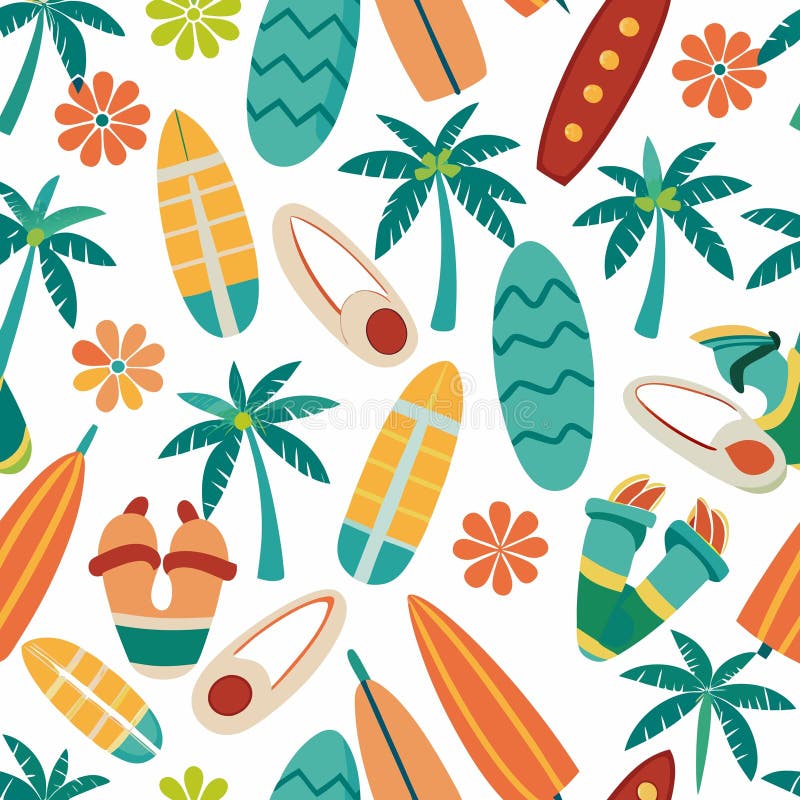 Surf S Up! a Vibrant Pattern of Surfboards, Palm Trees, and Tropical ...
