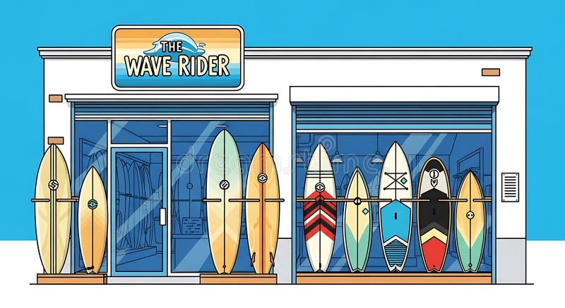 Surf Shop Storefront Featuring Large Windows Displaying Various ...