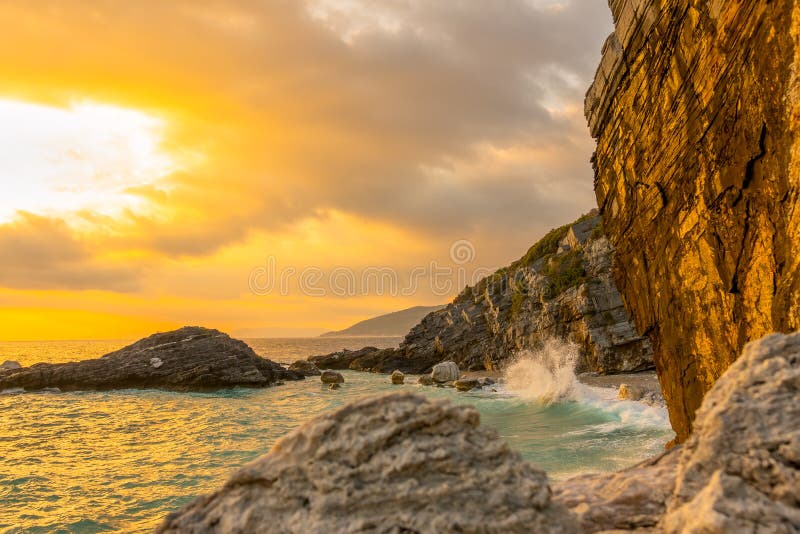 Surf Spray and Evening Rocky Shore Stock Image - Image of green ...