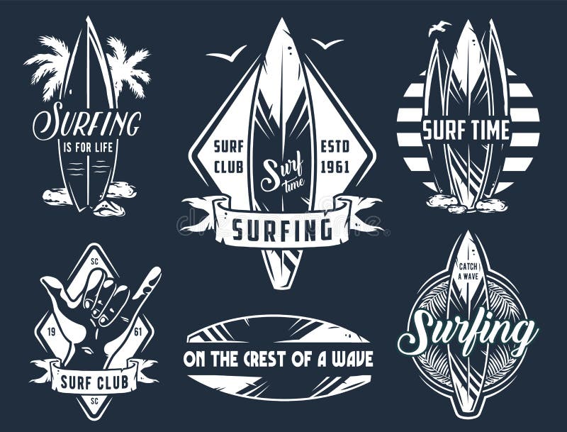 Surf Surfing Boards, Waves and Shaka Hand Emblems Stock Vector ...