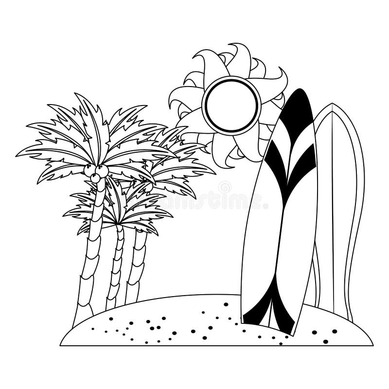 Surf Tables in the Beach Cartoon in Black and White Stock Vector ...