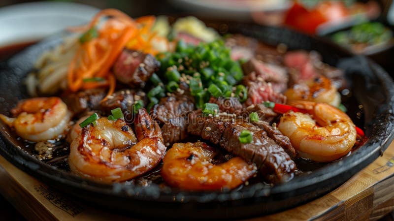 Surf and Turf Dish with Steak and Shrimp on Sizzling Plate, Vegetables ...