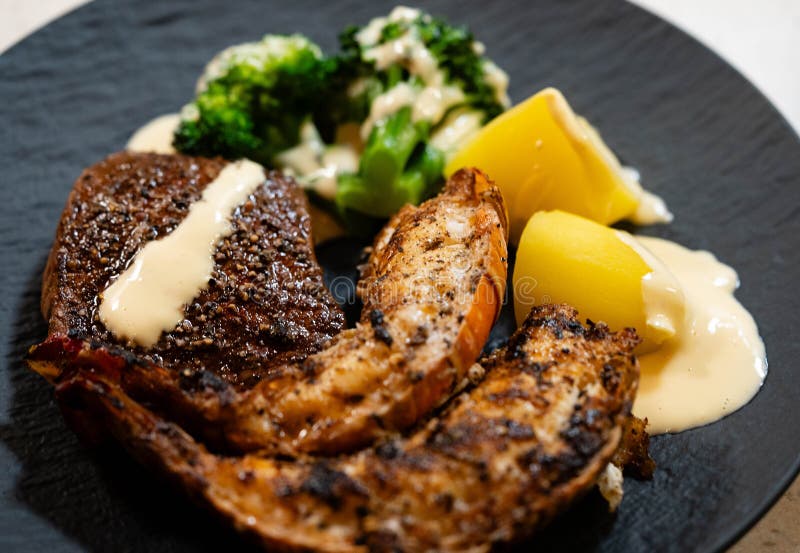 Surf and turf stock image. Image of restaurant, bread - 308819435