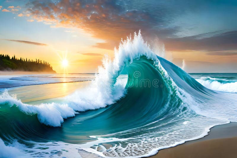 Surf Wave on the Beach at Sunset, Nature Composition Stock Illustration ...