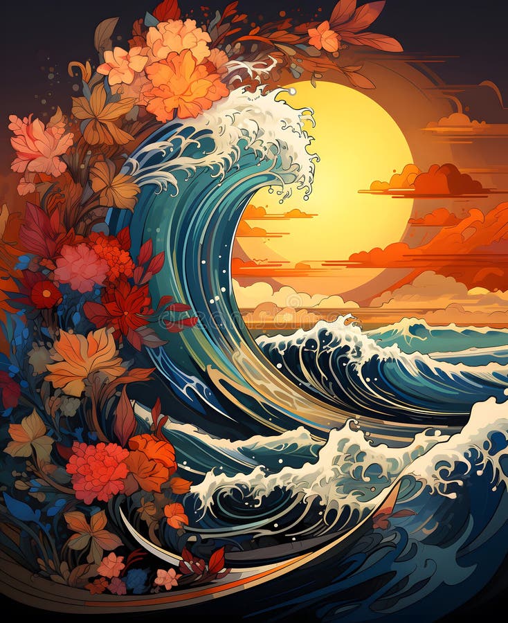 Surf Wave Decorated with Flowers and Sunset Stock Illustration - Illustration of paradise, wave ...