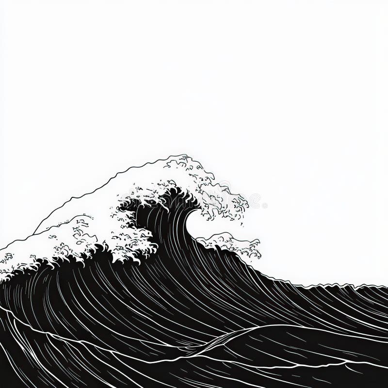 Surf Wave Silhouette , Black and White Illustration Isolated on White ...