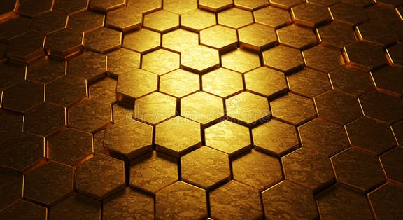 A Surface Covered in a Seamless Array of Golden Hexagonal Tiles. Each Tile Reflects Stock ...
