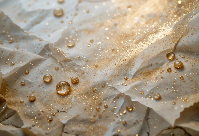 Surface with Droplets of Water on Crumpled Golden Paper in Soft Light ...