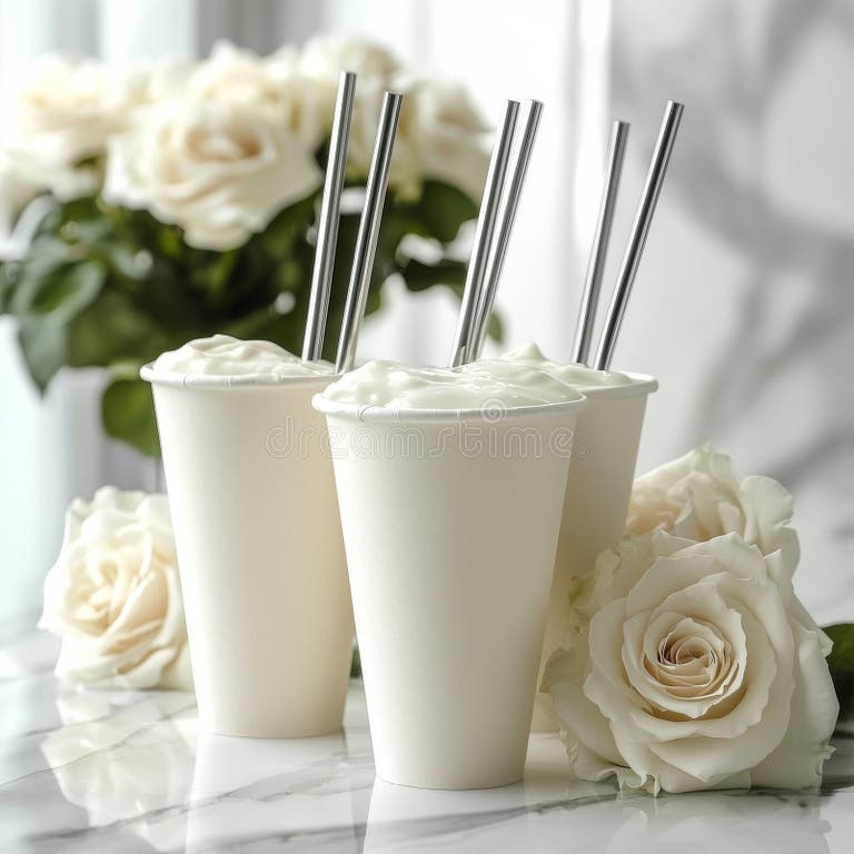 The Surface of Four White Cups is White, with White Rims and Spoons ...