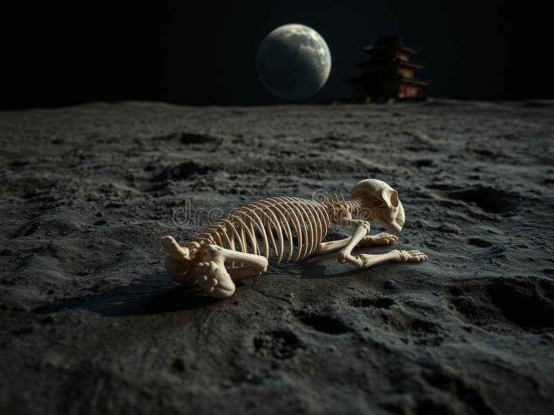 Surface of the Moon, a Rabbit Skeleton Lies Quietly on Its Back. the ...