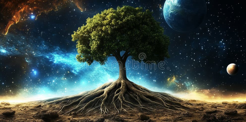 The Surface of a Radiant Earth Features a Mystical Tree Rising Upwards ...