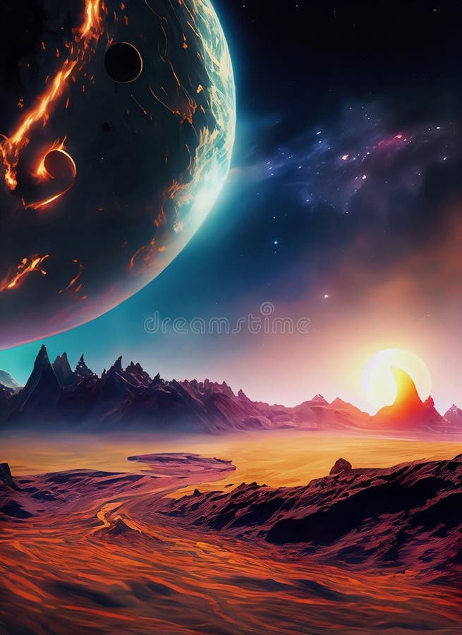 Surface of Red Planet Mars with View of Planet Earth Stock Illustration ...