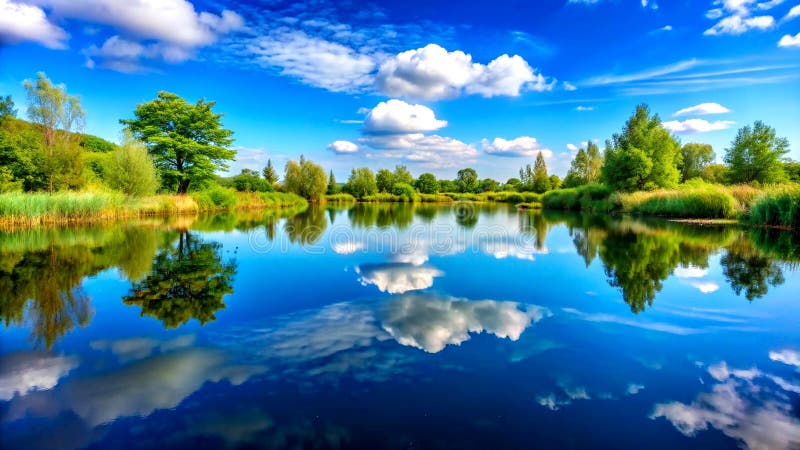 The Surface of a Still Pond Reflects the Vibrant Blue of the Sky ...