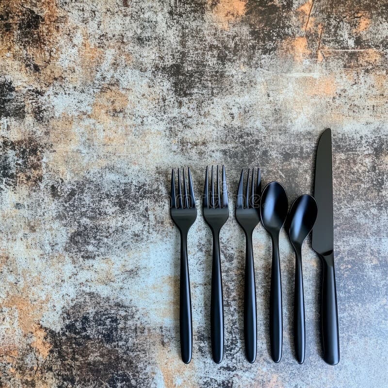 On a Surface with a Textured Pattern, a Set of Modern Eating Utensils ...