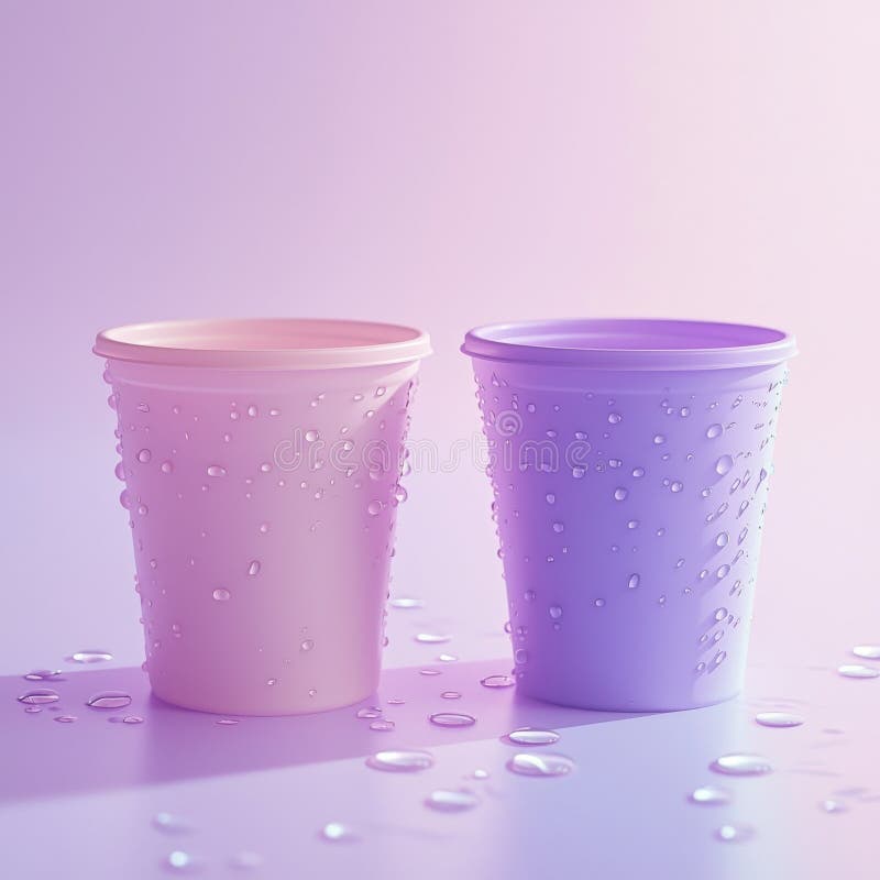The Surface of Two Pastel-colored Glass Cups is Pink with Water ...