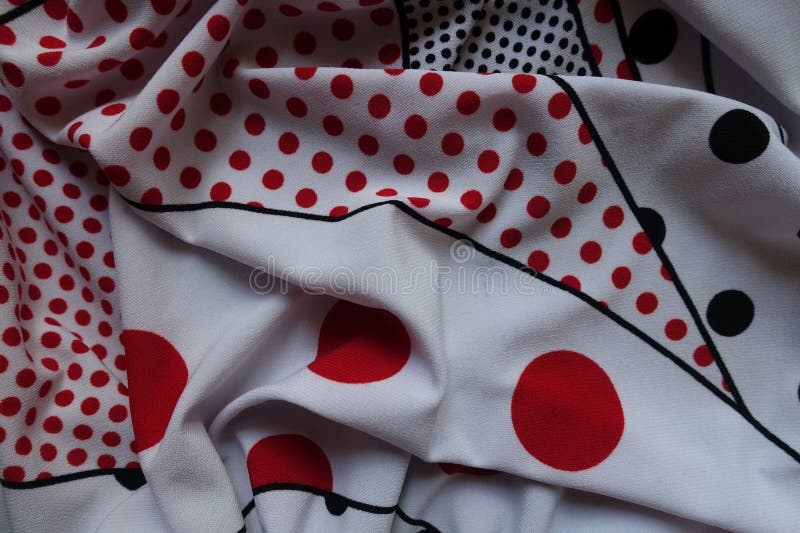 Surface of White, Red and Black Spotted Rayon Fabric in Folds Stock ...