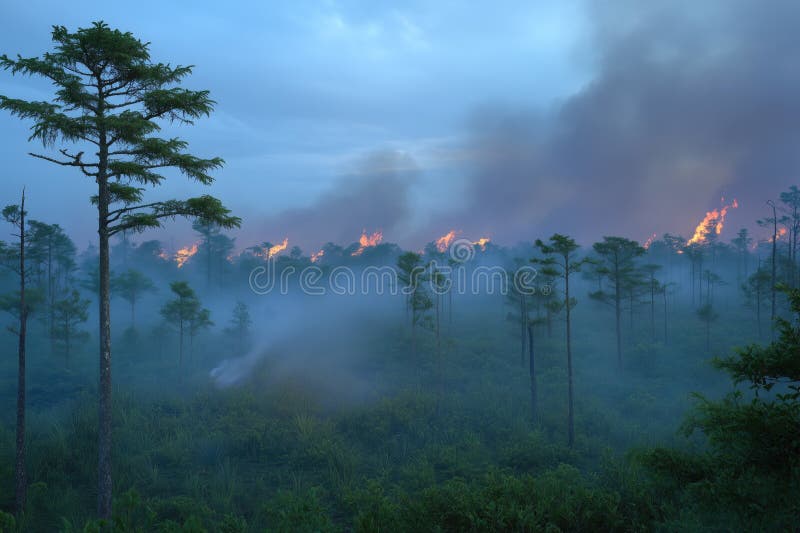 Surface Wildfire at Dusk in a Forest on Peat Bogs Stock Illustration ...