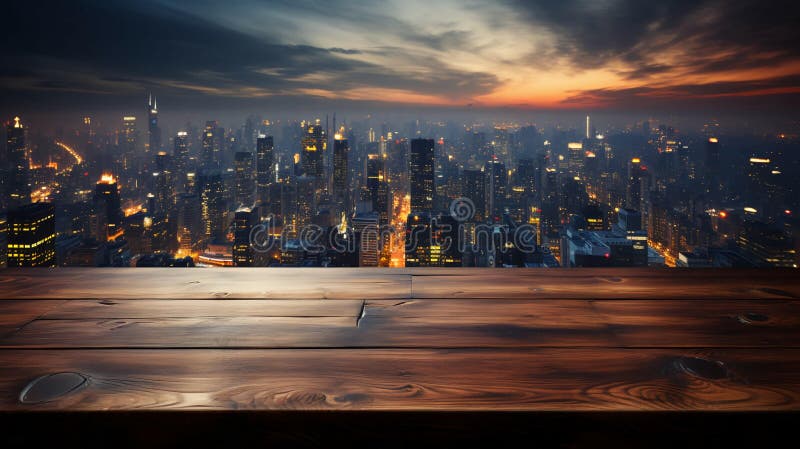 Surface of Wooden Table and View of Big Modern City Stock Illustration ...