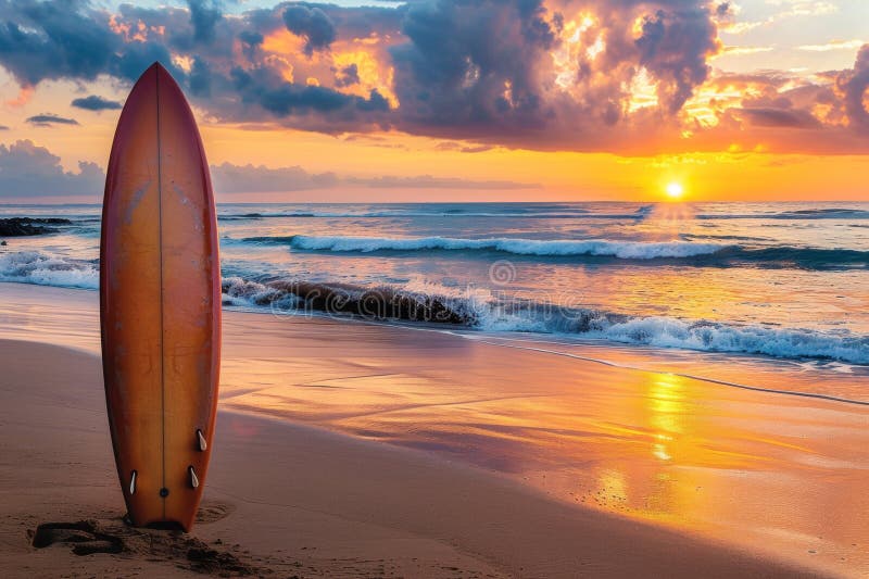 Surfboard Beach. Surfboard on the Beach at Sunset. Stock Photo - Image ...