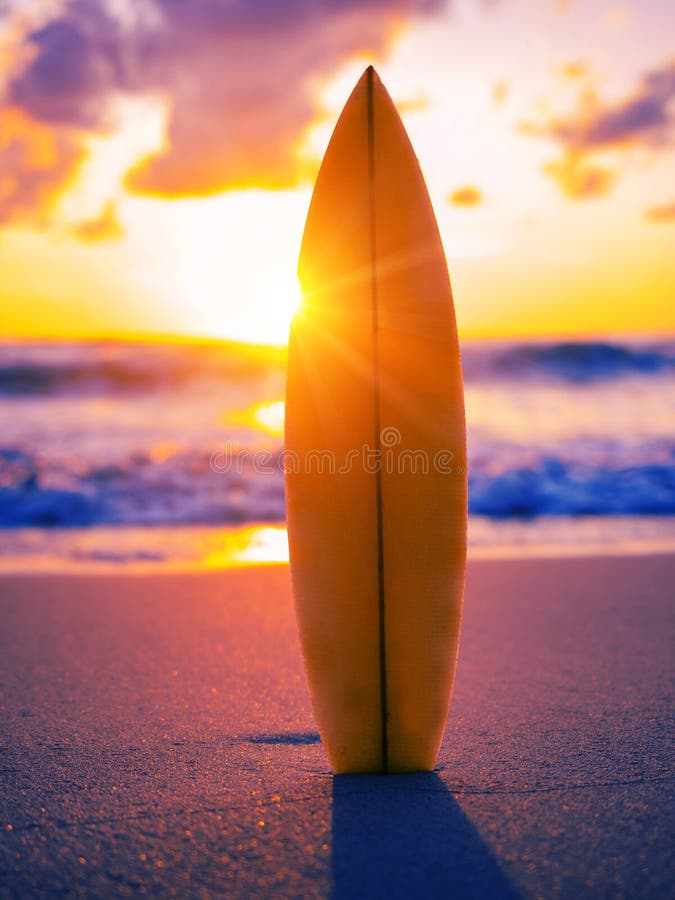 Surfboard on the Beach at Sunset Stock Image - Image of sand, alone ...