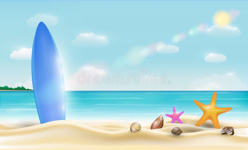 Surfboard on a Beautiful Bright Sea Sand Beach Vector Stock Vector ...