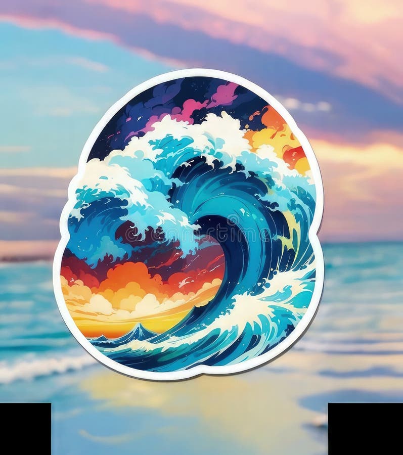 Surfboard Design with Sea Waves and Clouds. Sticker Illustration Stock ...