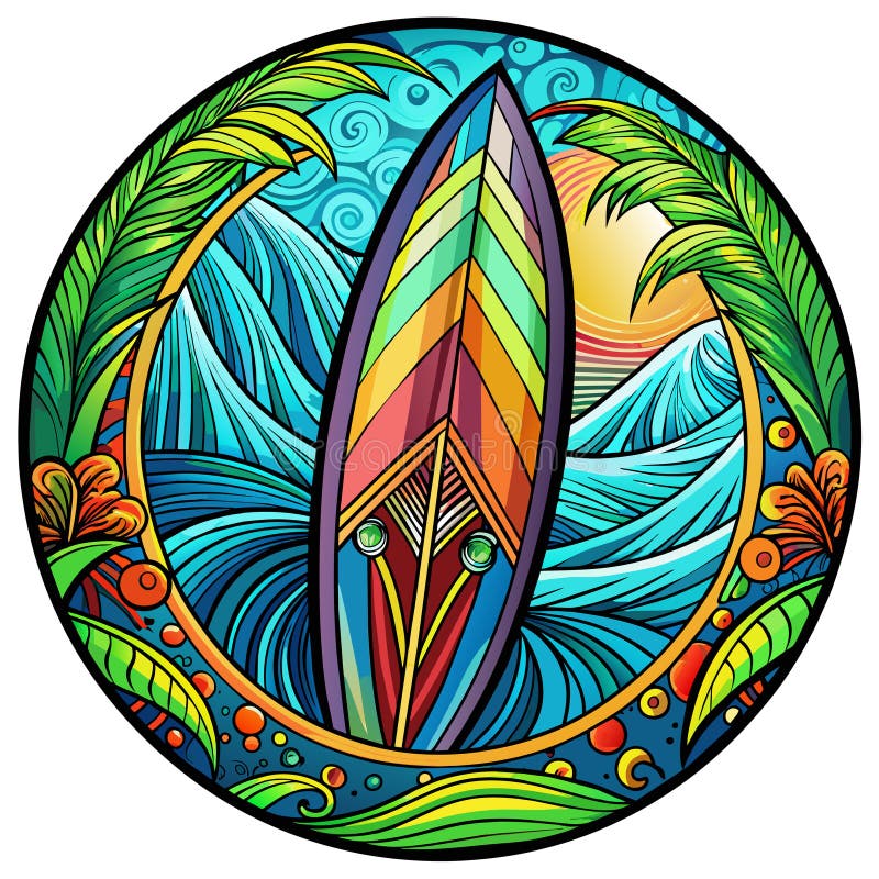 A Surfboard Dominates the Center of a Circular Design, Which is Flanked ...
