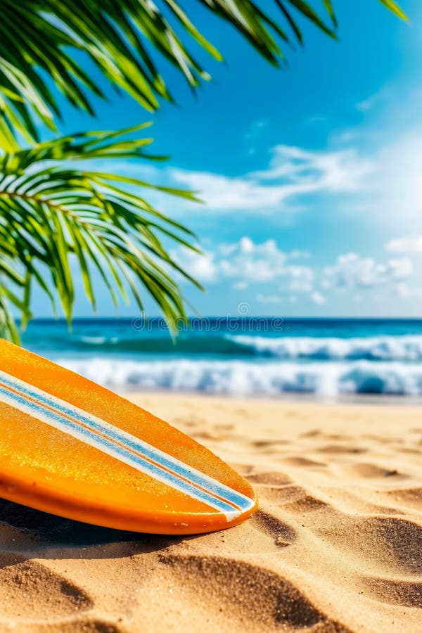 A Surfboard Laying on the Sand of a Beach Next To a Palm Tree Stock ...