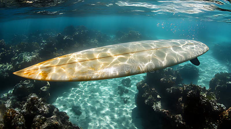 A Surfboard Lies on the Ocean Floor, Sunlight Shining through the Water ...