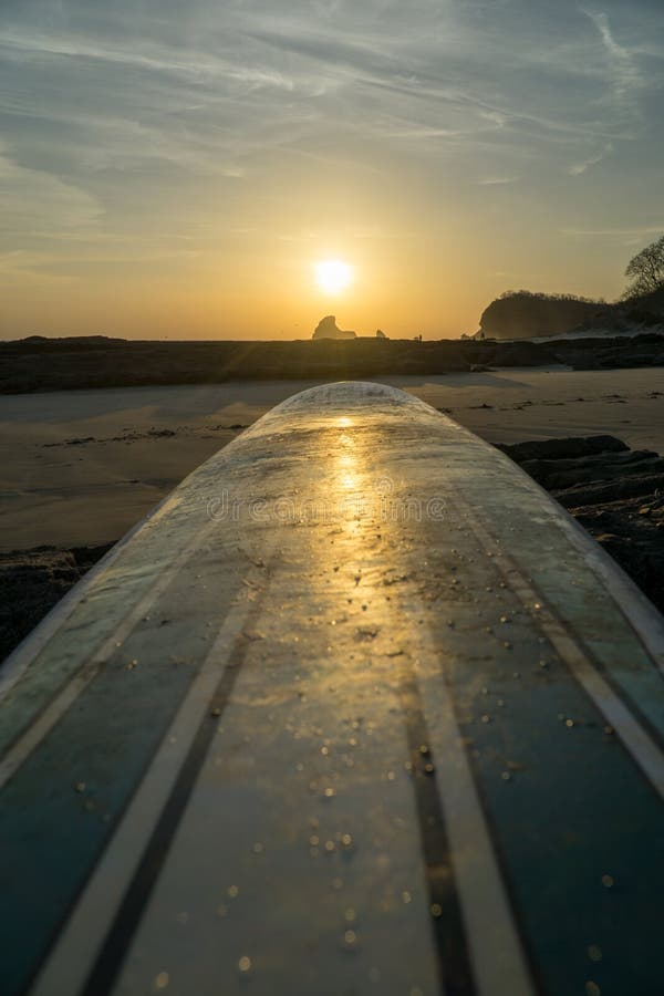 Surfboard on the Beach during Sunset. Stock Photo - Image of vacation ...