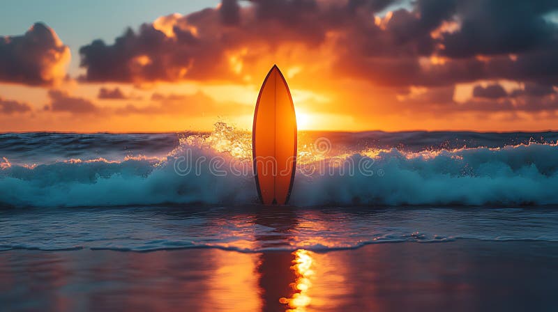 Surfboard in Ocean at Sunrise Stock Illustration - Illustration of ...