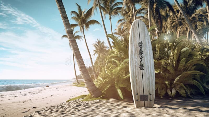 Surfboard and Palm Tree on Beach with Beach Sign for Surfing Area ...