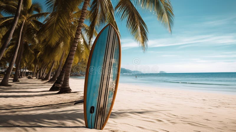 Surfboard and Palm Tree on Beach with Beach Sign for Surfing Area ...